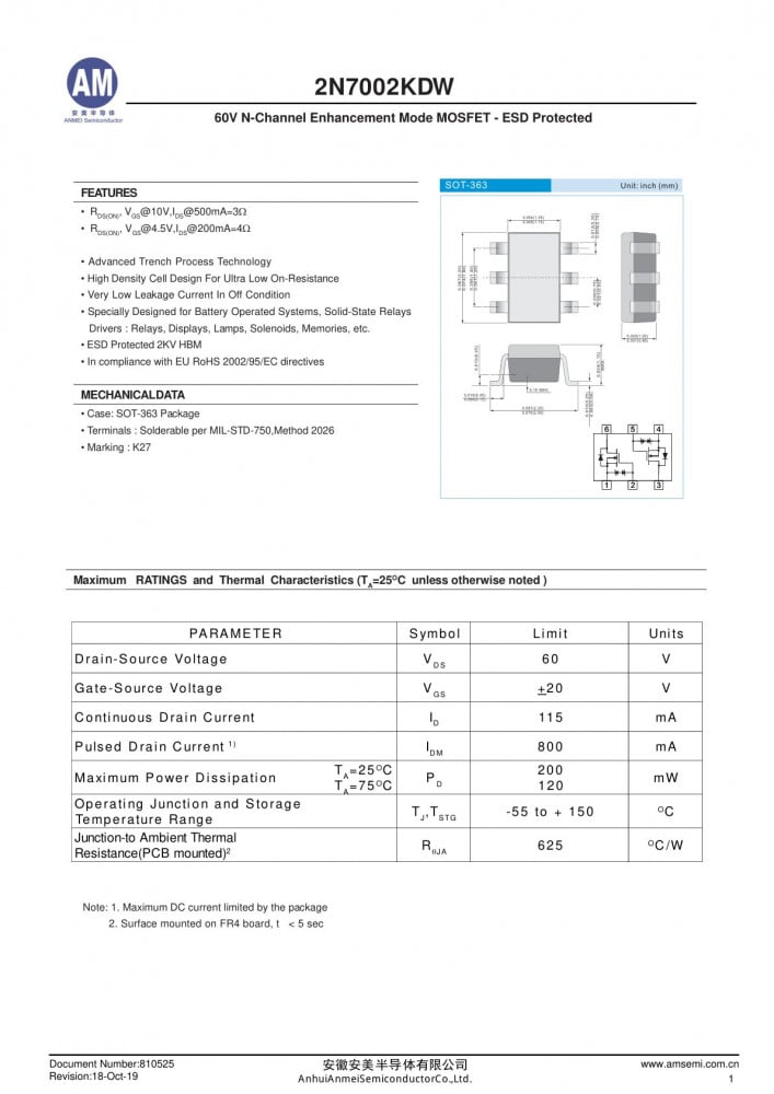 2N7002KDW datasheet page 1