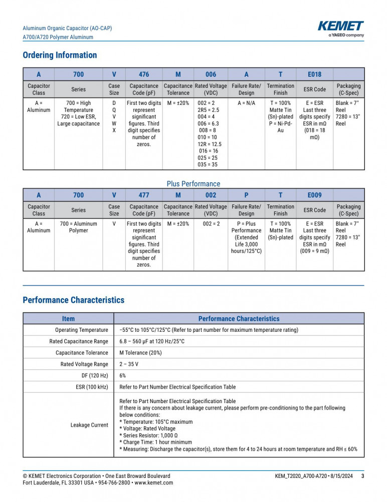 KEMET A700 A720 datasheet page 3