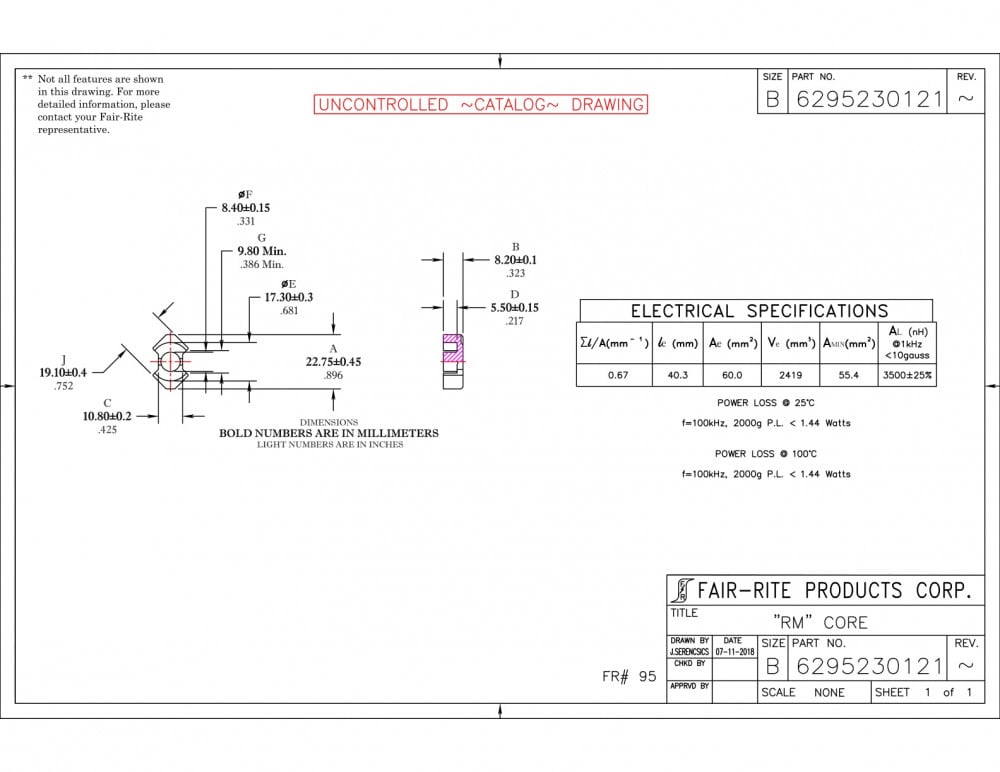 Fair-Rite 6295230121 technical document page