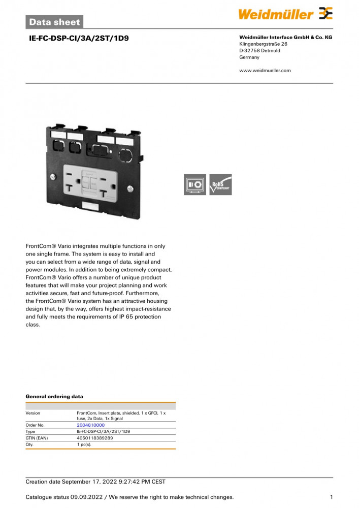 WEIDMULLER 2004810000 technical document page 1