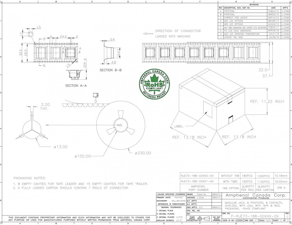 Amphenol RJE73-188 PCB layout and LED schematic