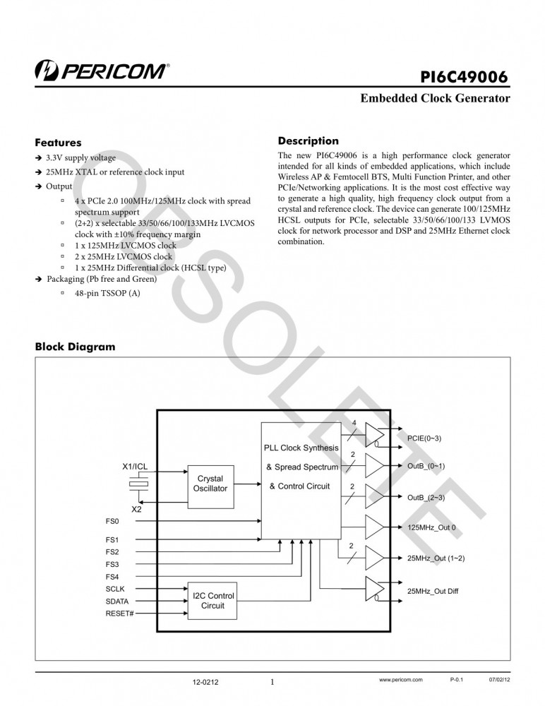 PI6C49006AE datasheet page 1