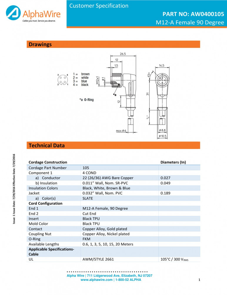 Alpha Wire AW0400105 SL357 technical drawing page 1