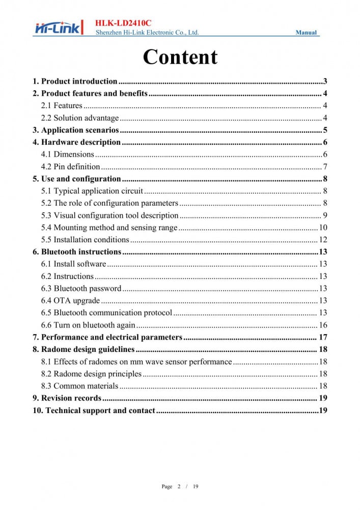 HLK-LD2410C-P technical manual page 2