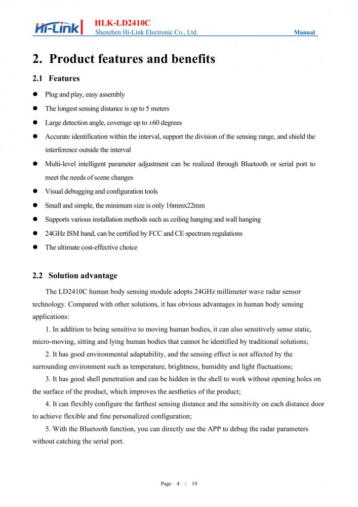 HLK-LD2410C-P technical manual page 4