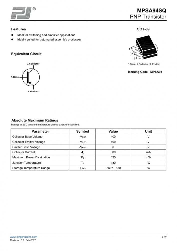 MPSA94SQ datasheet page 1