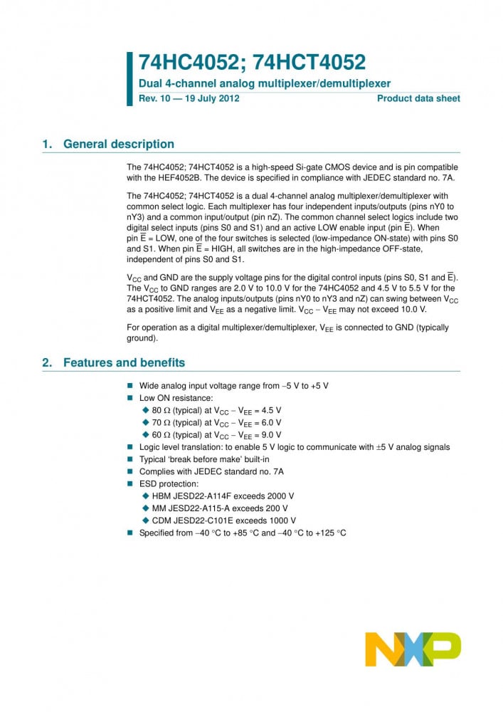 MC74HC4052 technical document page 1
