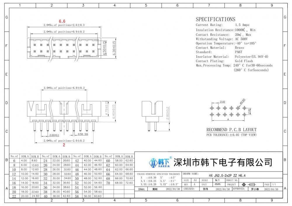 HANXIA HX JN2.0-2x2P ZZ H6.4 technical drawing