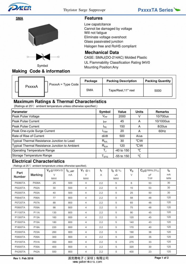 PAKER P0080TA datasheet page 1