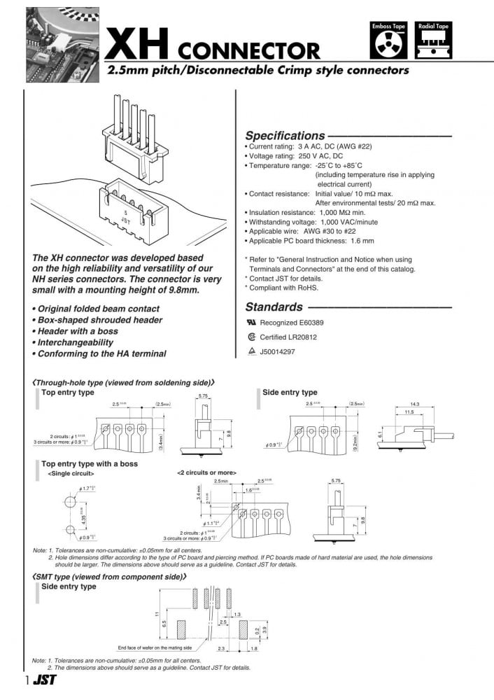 JST XH connector datasheet page 1