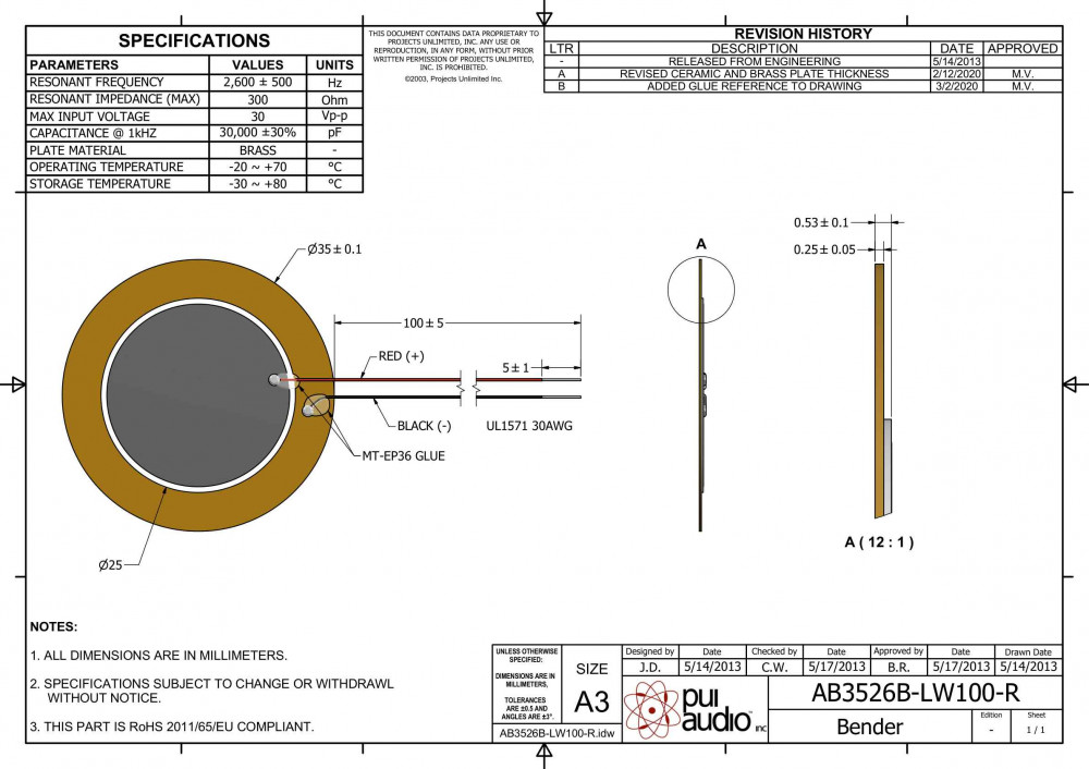 AB3526B-LW100-R product drawing and specification sheet