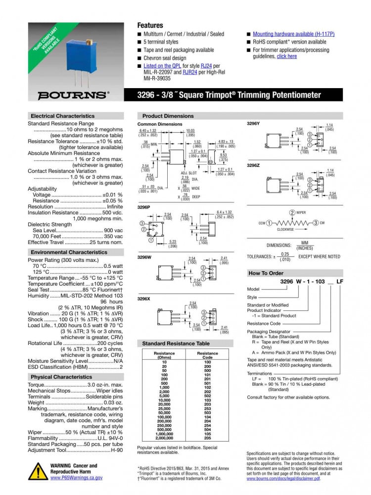BOURNS 3296 series datasheet page 1