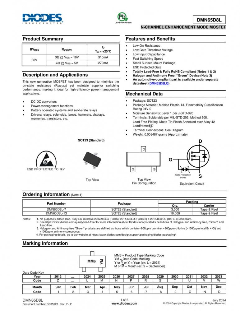 DMN65D8L-7 datasheet page 1