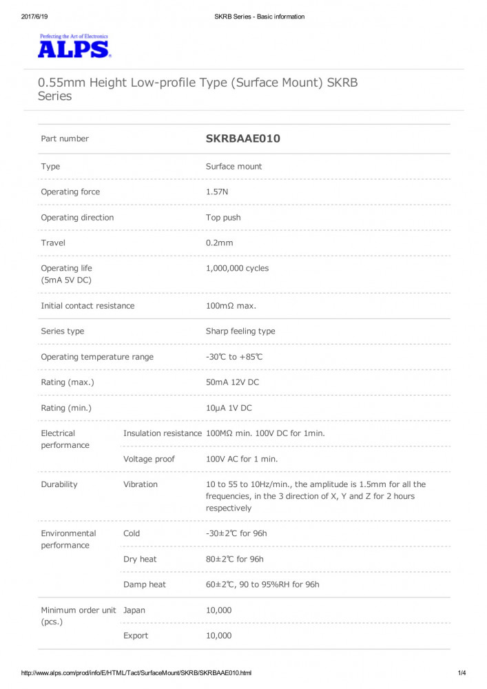 SKRBAAE010 product outline and specifications