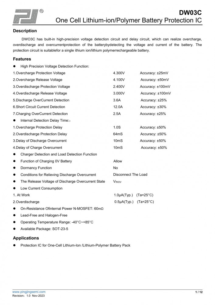 DW03C datasheet page 1
