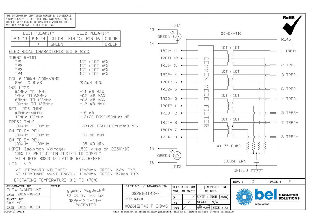 Bel Fuse 0826-1G1T-43-F technical drawing page 1