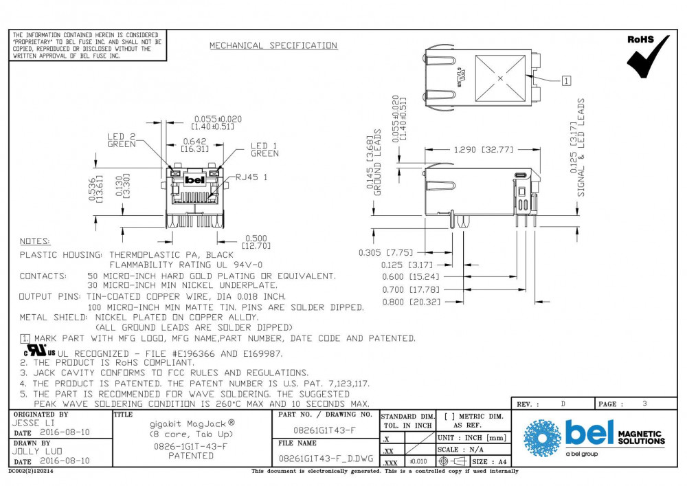 Bel Fuse 0826-1G1T-43-F technical drawing page 2