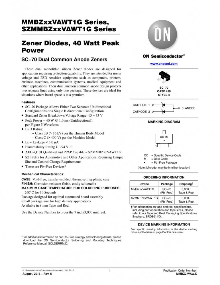 SZMMBZ33VAWT1G datasheet page 1