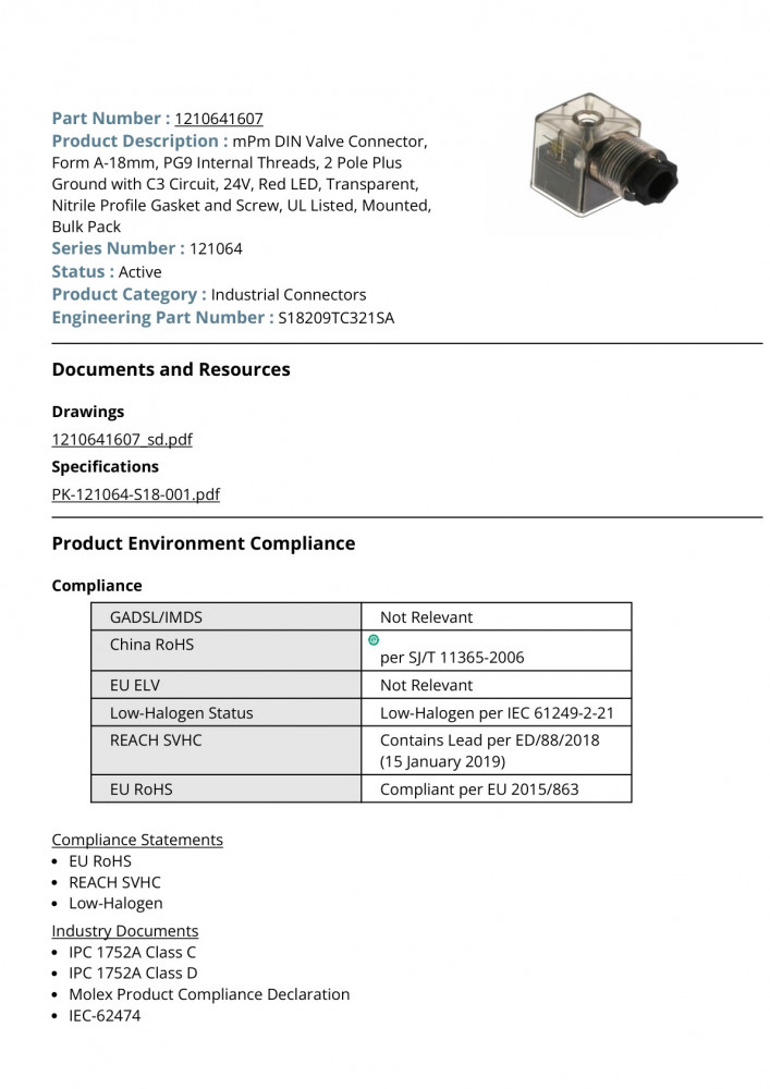Molex DIN Valve Series S18 packaging specification, page image 1