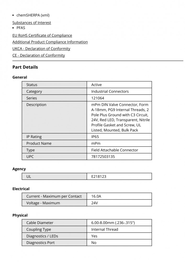 Molex DIN Valve Series S18 packaging specification, page image 2