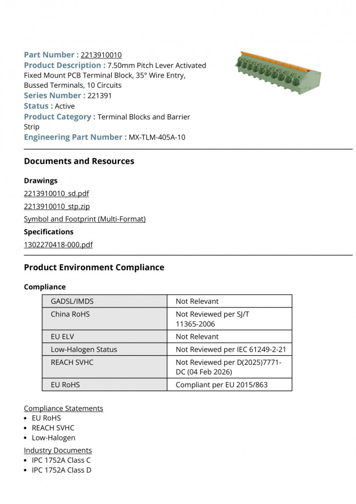 MOLEX 2213910010 technical drawing image, page 1