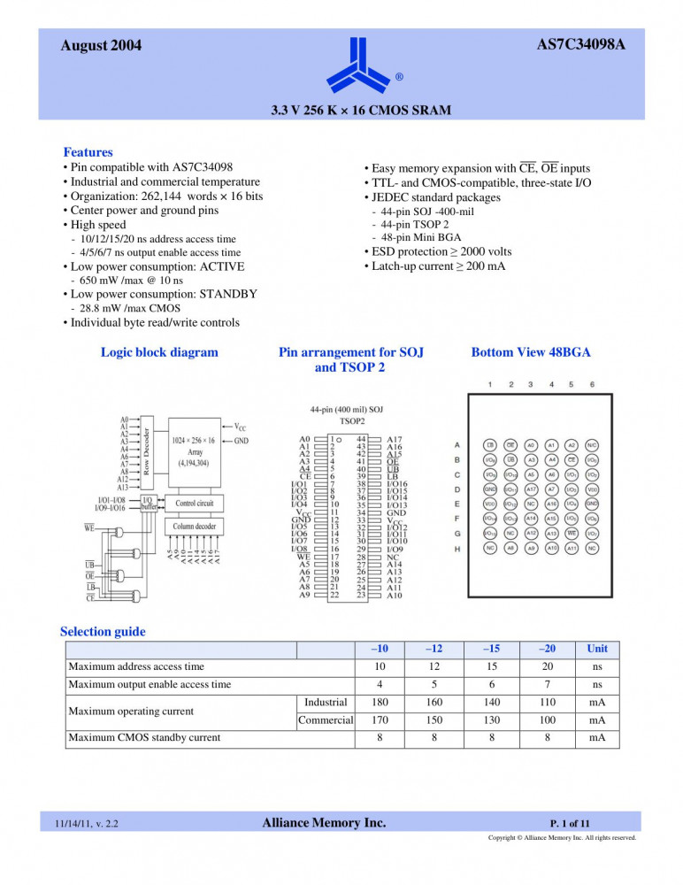 AS7C34098A datasheet page 1