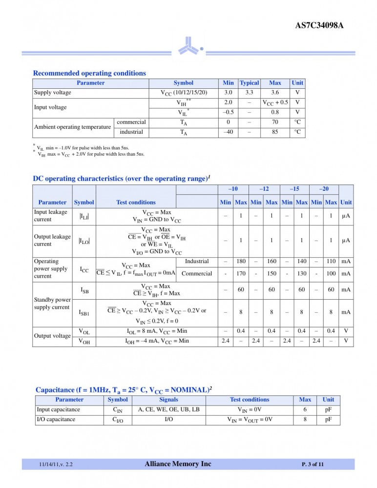 AS7C34098A datasheet page 3