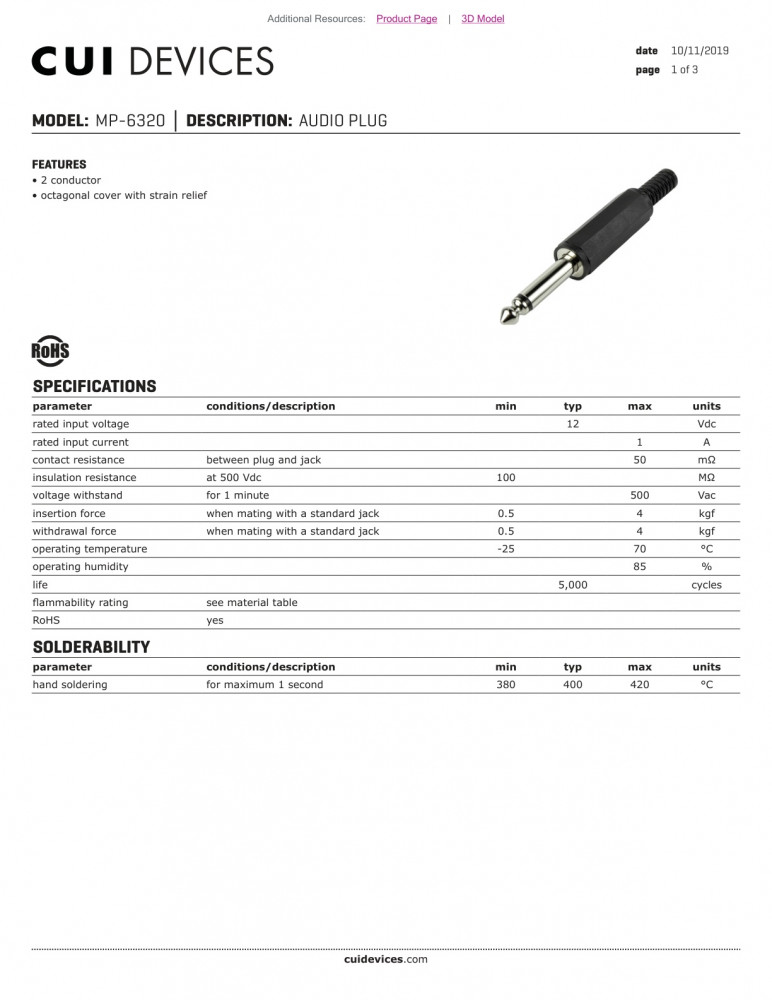 CUI MP-6320 technical document page 1