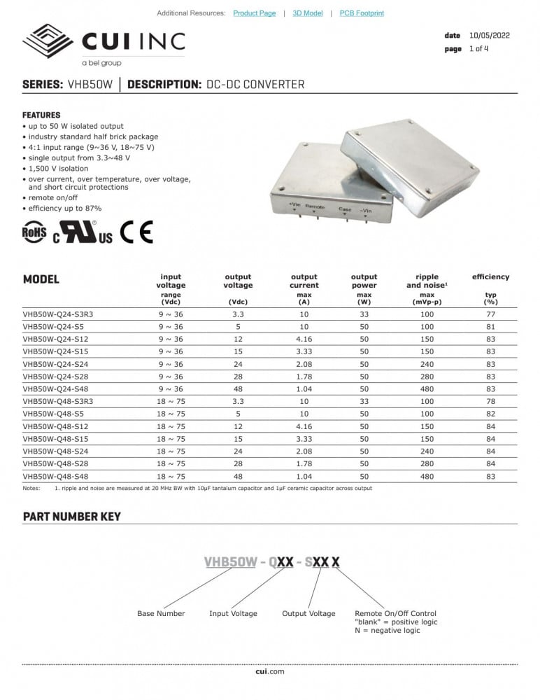 CUI VHB50W-Q48-S12 datasheet page 1