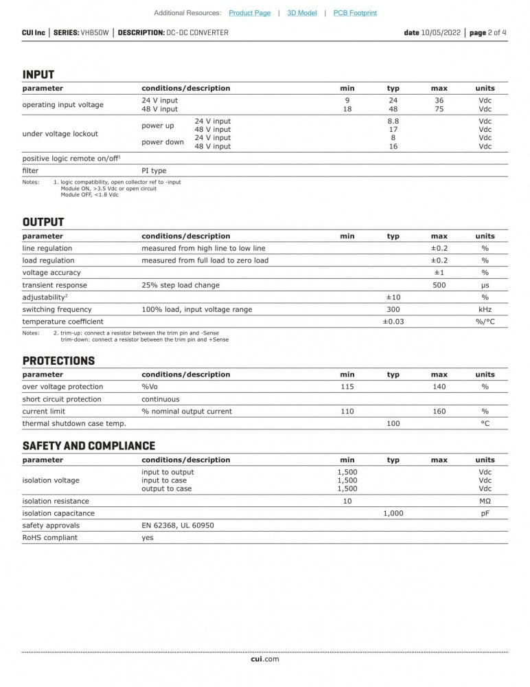 CUI VHB50W-Q48-S12 datasheet page 2