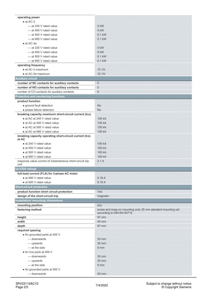 3RV23110AC10 technical document page 2