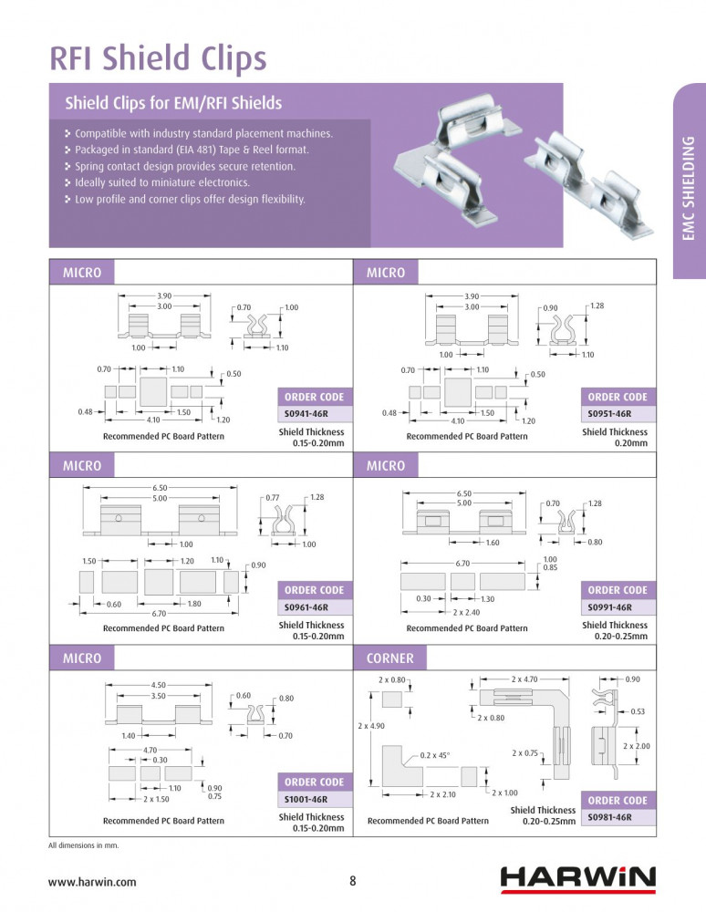 Harwin RFI shield clips technical drawing