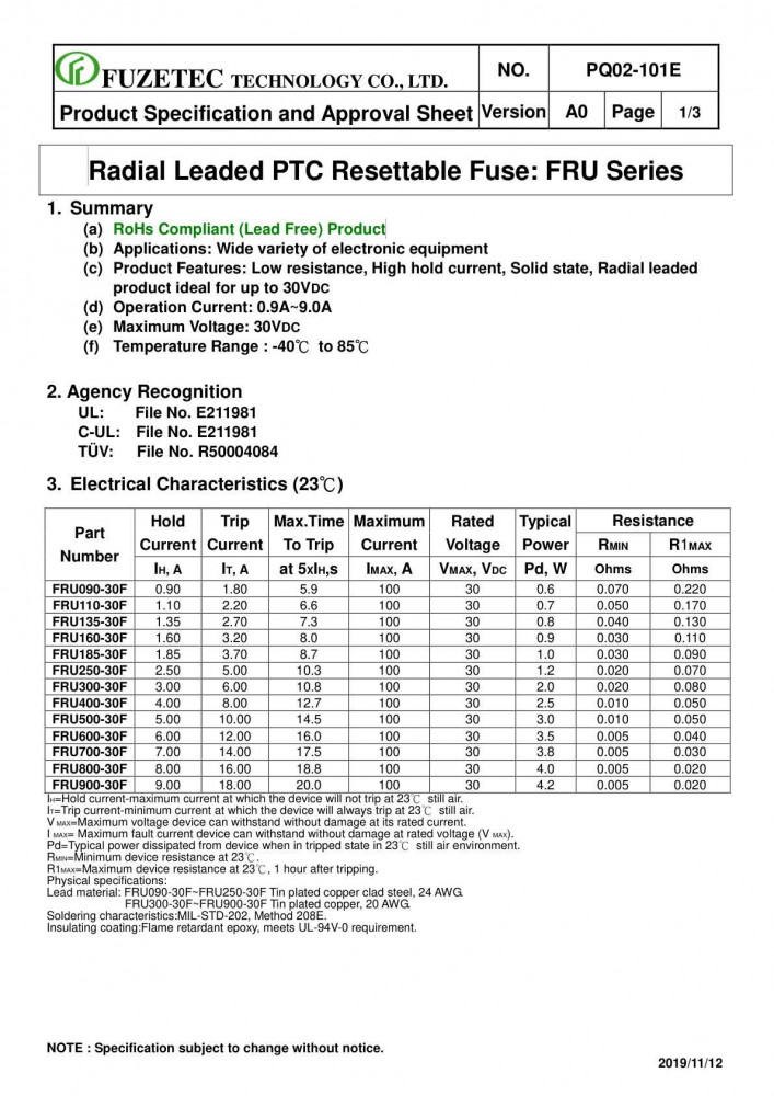 FUZETEC FRU Series specification sheet page 1