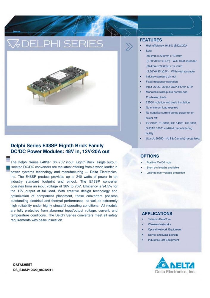 DELTA E48SP12020NRFB datasheet page 1