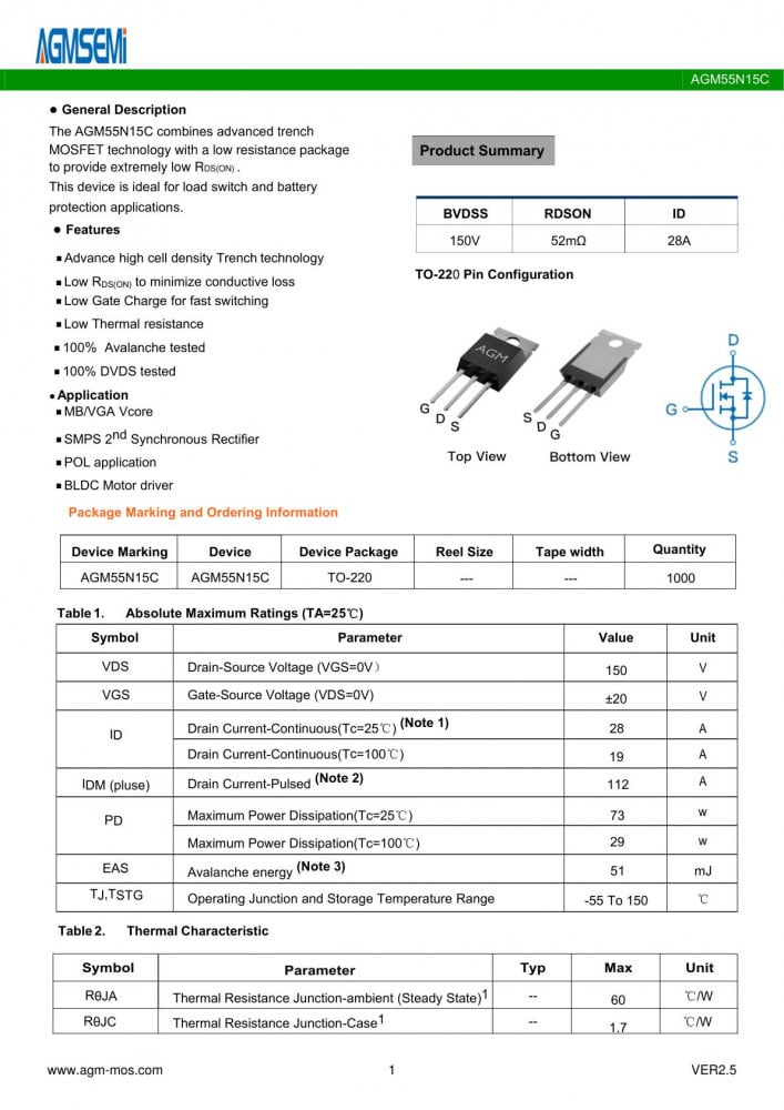 AGM55N15C datasheet page 1