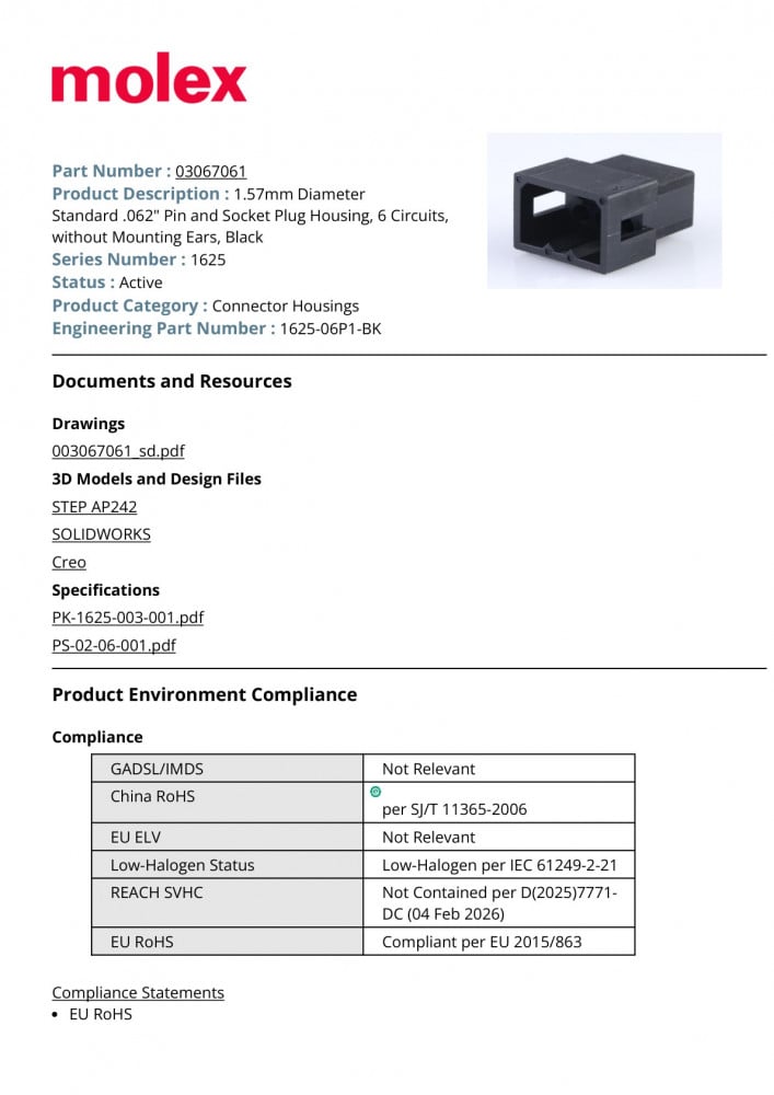 Molex 0.062 miniature terminal specification page 1