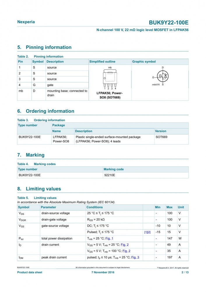 BUK9Y22-100E datasheet page 2