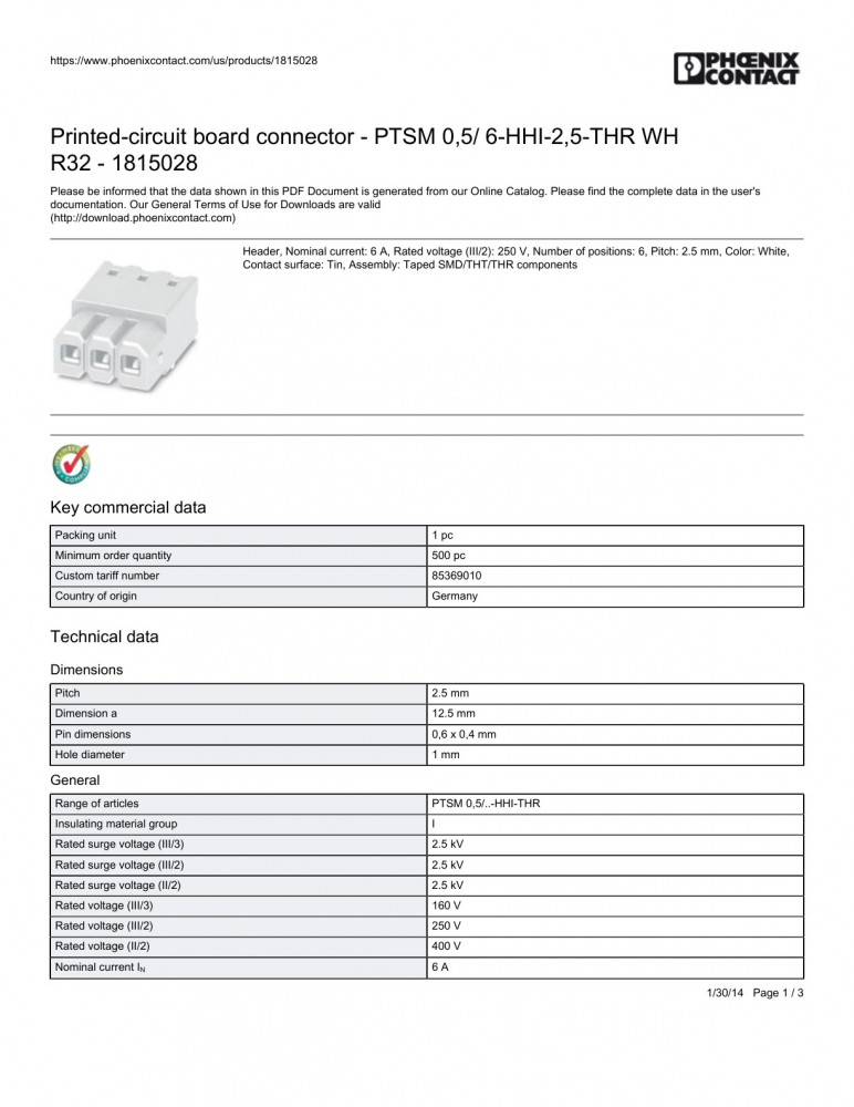 Phoenix Contact 1815028 product data page