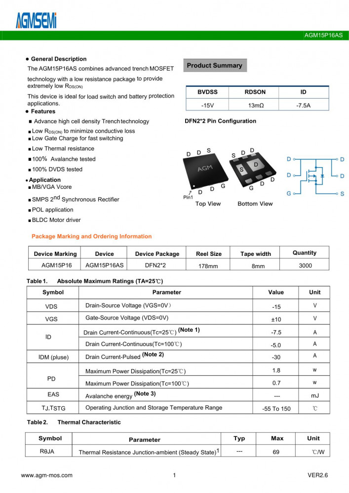 AGM15P16AS datasheet page 1
