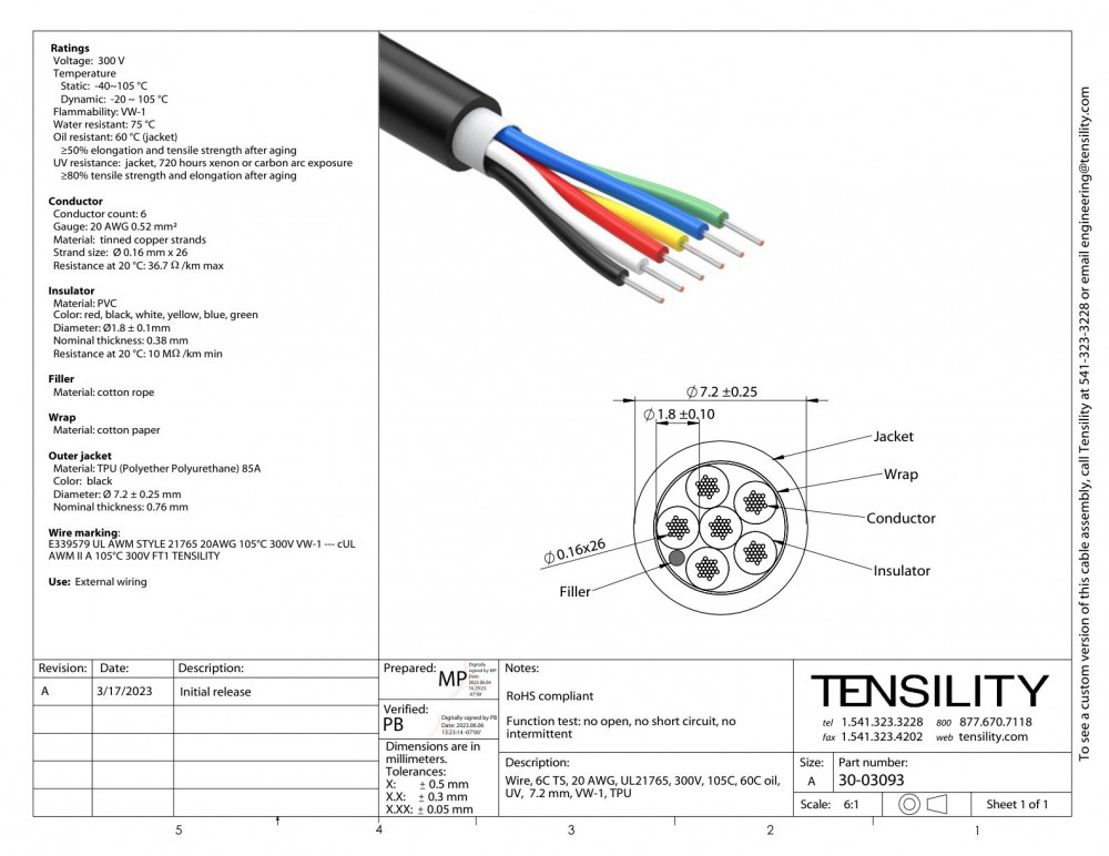 Tensility International 30-03093 product drawing and cable specification