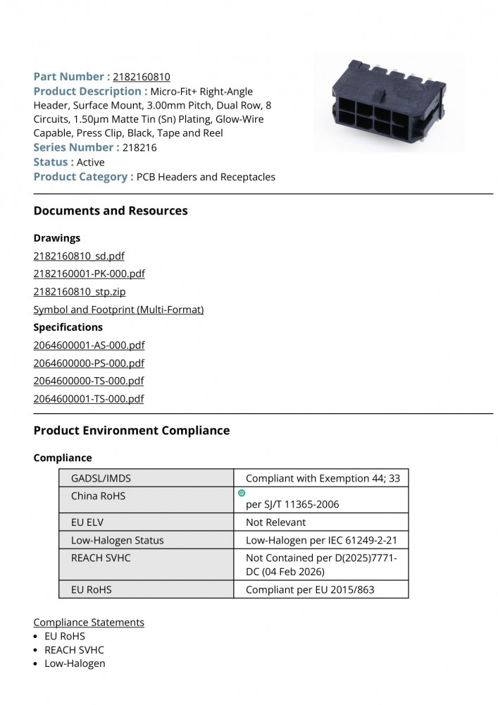 MOLEX 2182160810 technical document preview, page 1