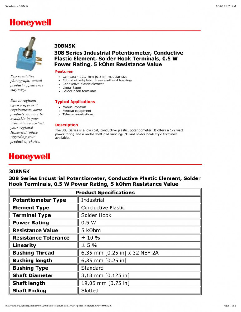 Honeywell 308N5K product document page 1