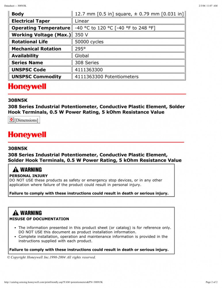 Honeywell 308N5K product document page 2