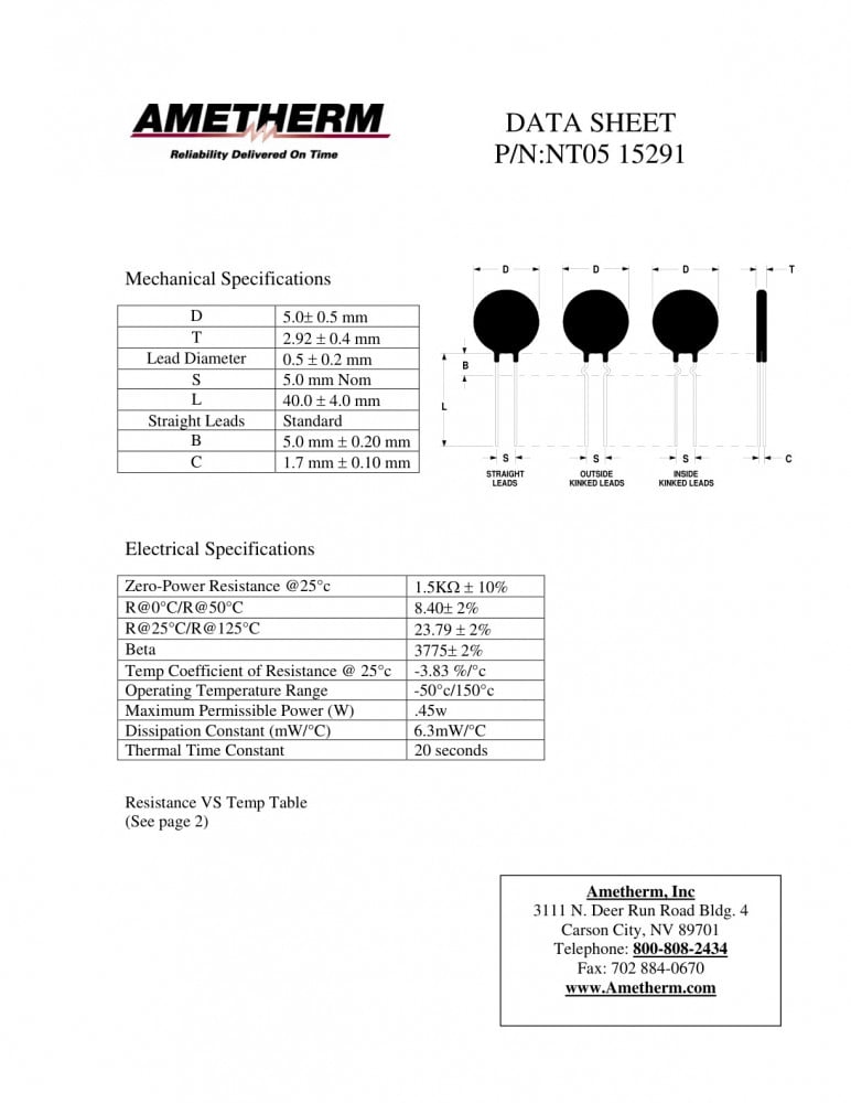 Ametherm NT05 15291 datasheet page 1
