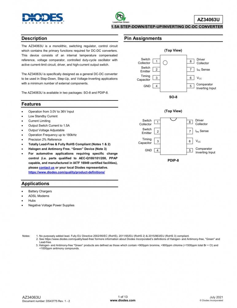 AZ34063U datasheet page 1