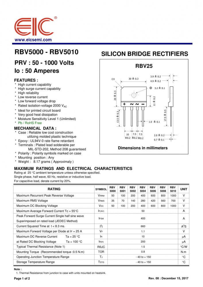 EIC RBV5002 datasheet page 1