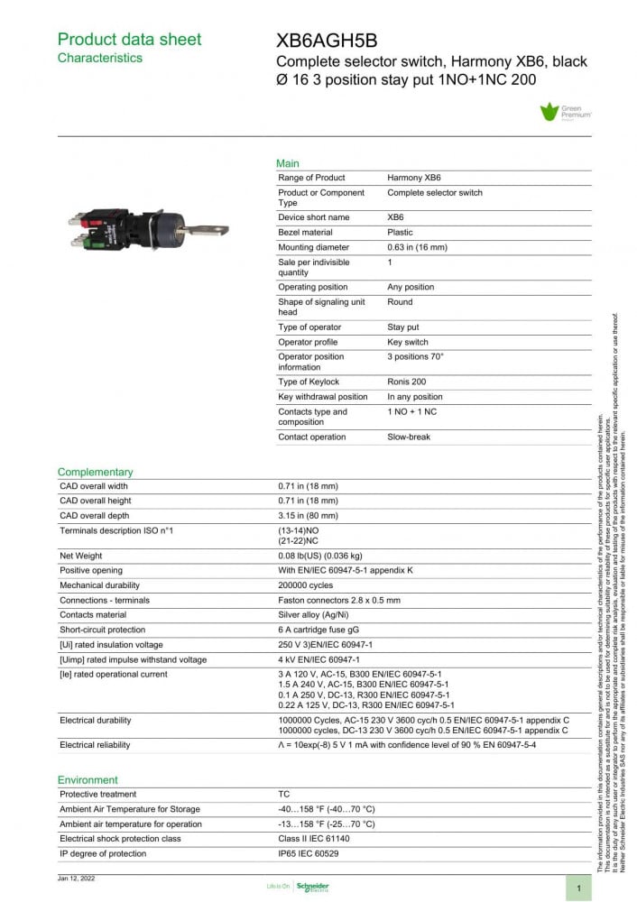 XB6AGH5B technical document page 1