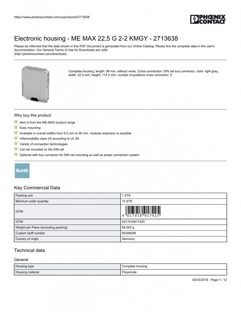 Phoenix Contact 2713638 technical document page 1