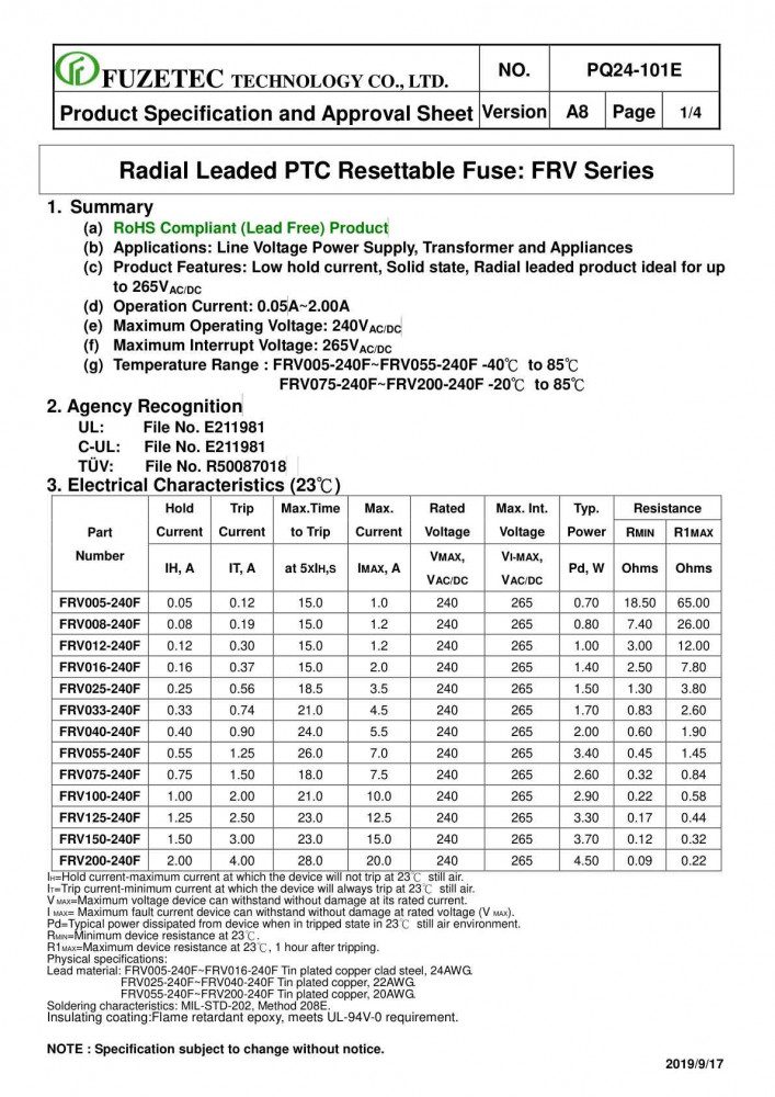 FUZETEC FRV Series specification sheet page 1