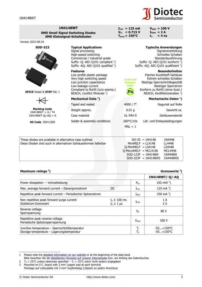DIOTEC 1N4148WT-AQ datasheet page 1